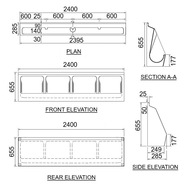 GRP Urinal Troughs, Wall Mounted Design