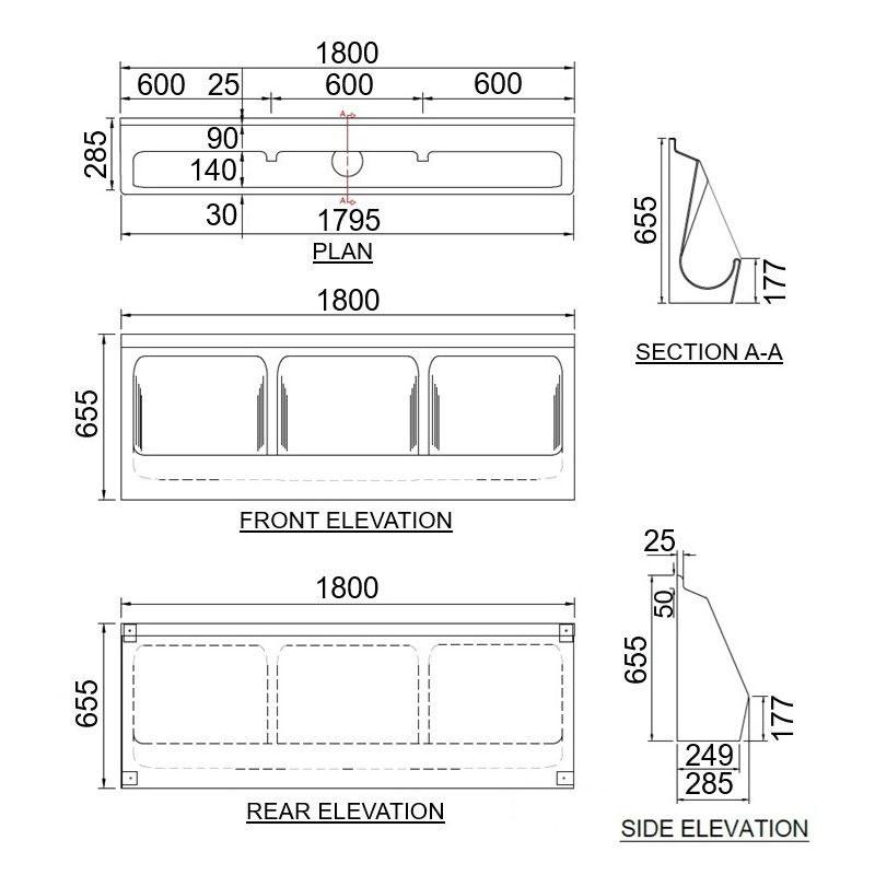 GRP Urinal Troughs, Wall Mounted Design