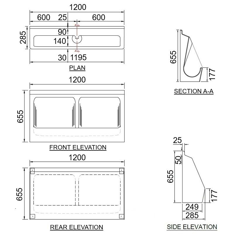 Waterless GRP Urinal Troughs, Wall Mounted Design